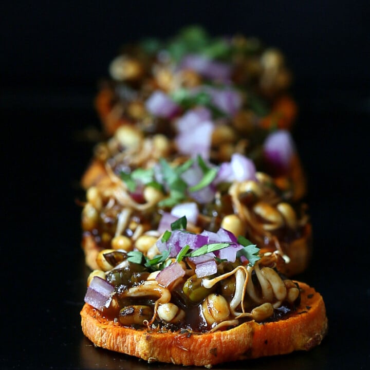 Sweet Potato Canapes with Barbecue Mung Bean Sprouts. Vegan Glutenfree ...