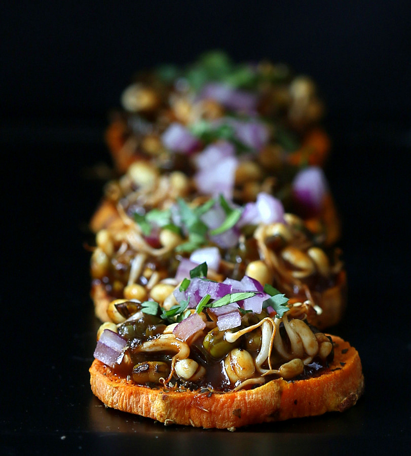 Sweet Potato Canapes with Barbecue Mung Bean Sprouts. Vegan Glutenfree ...