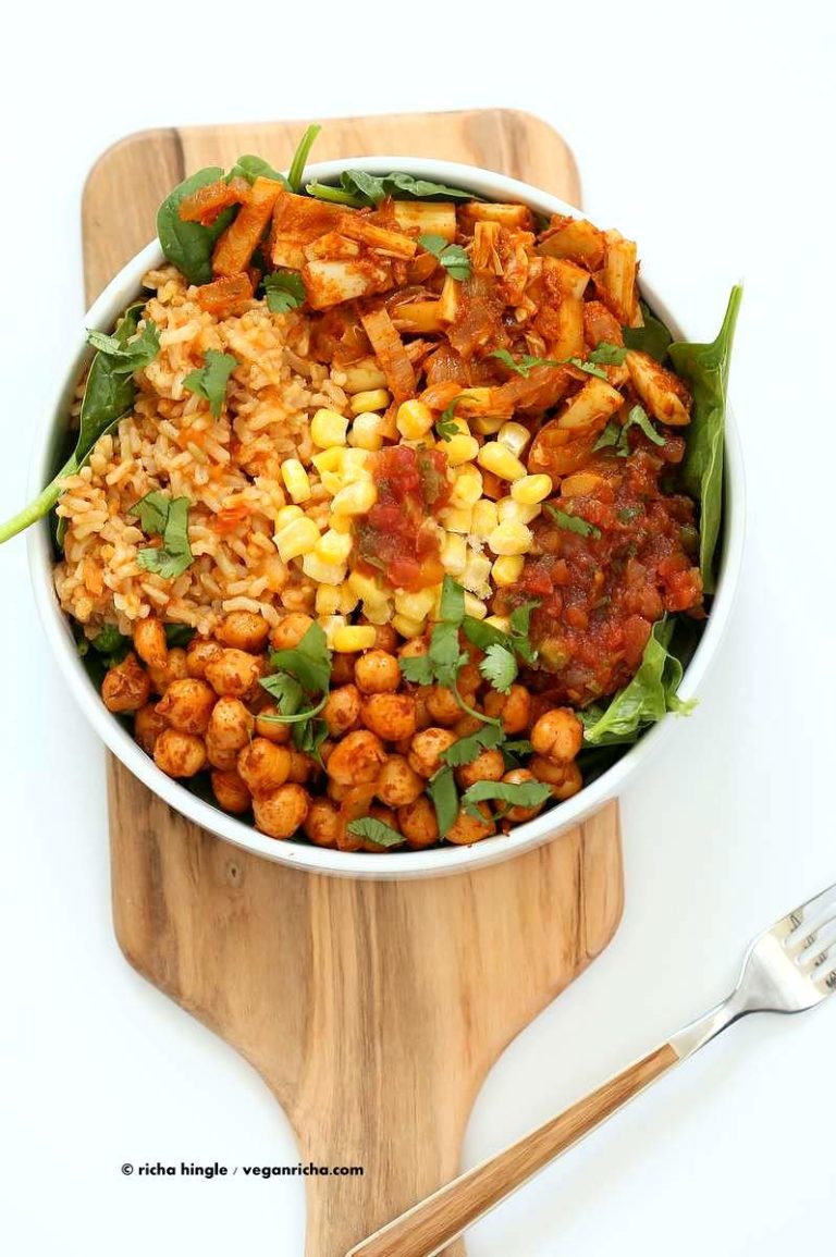 Vegan Tinga bowl with Hearts of Palm, Chickpeas, Spanish Rice - Vegan Richa