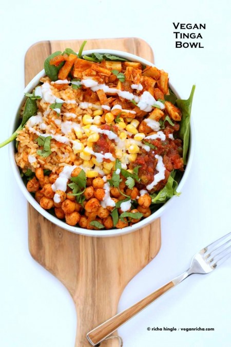Vegan Tinga bowl with Hearts of Palm, Chickpeas, Spanish Rice - Vegan Richa