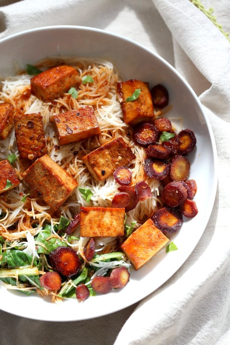 Baked Chili Garlic Tofu, Carrot, Chard and Noodle Bowls - Vegan Richa