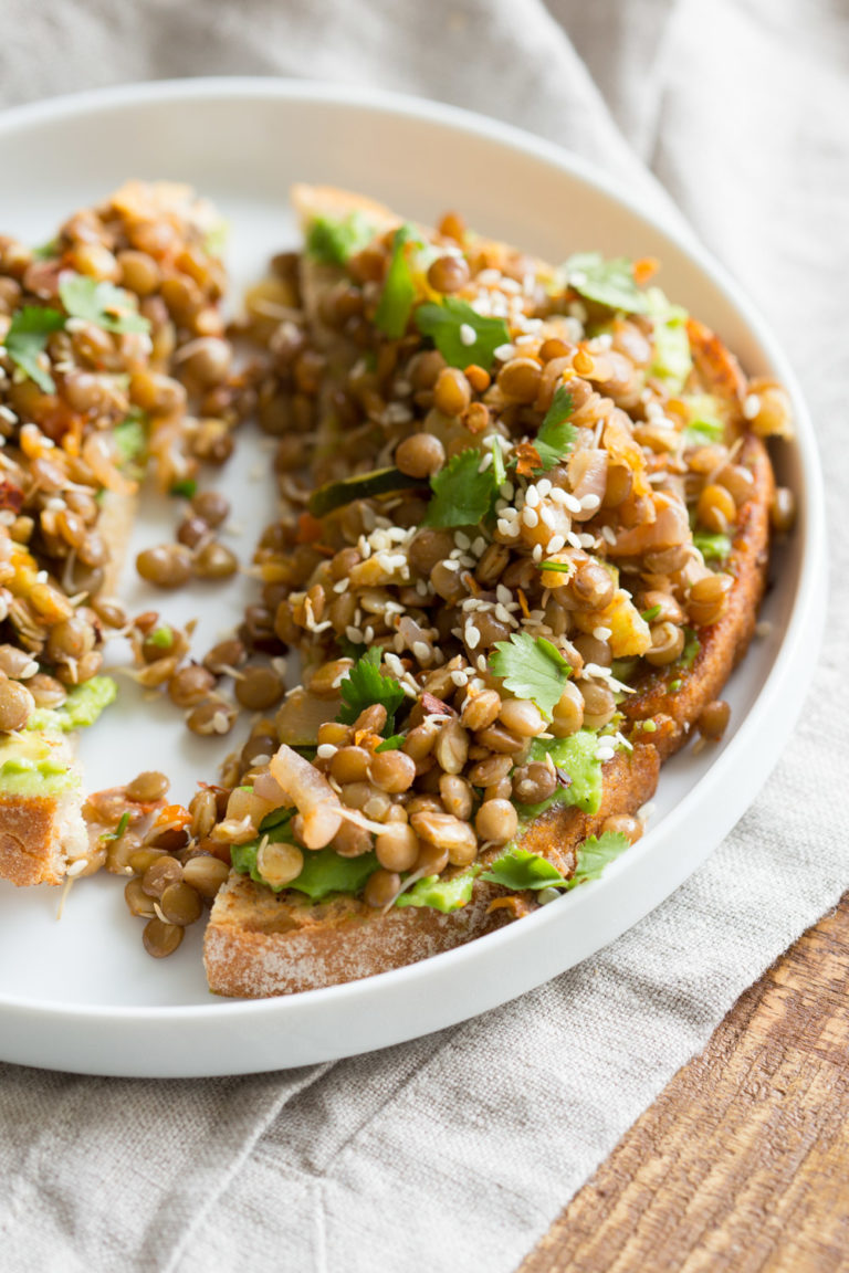 Ginger Coriander Sprouted Lentils Avocado Toast - Vegan Richa