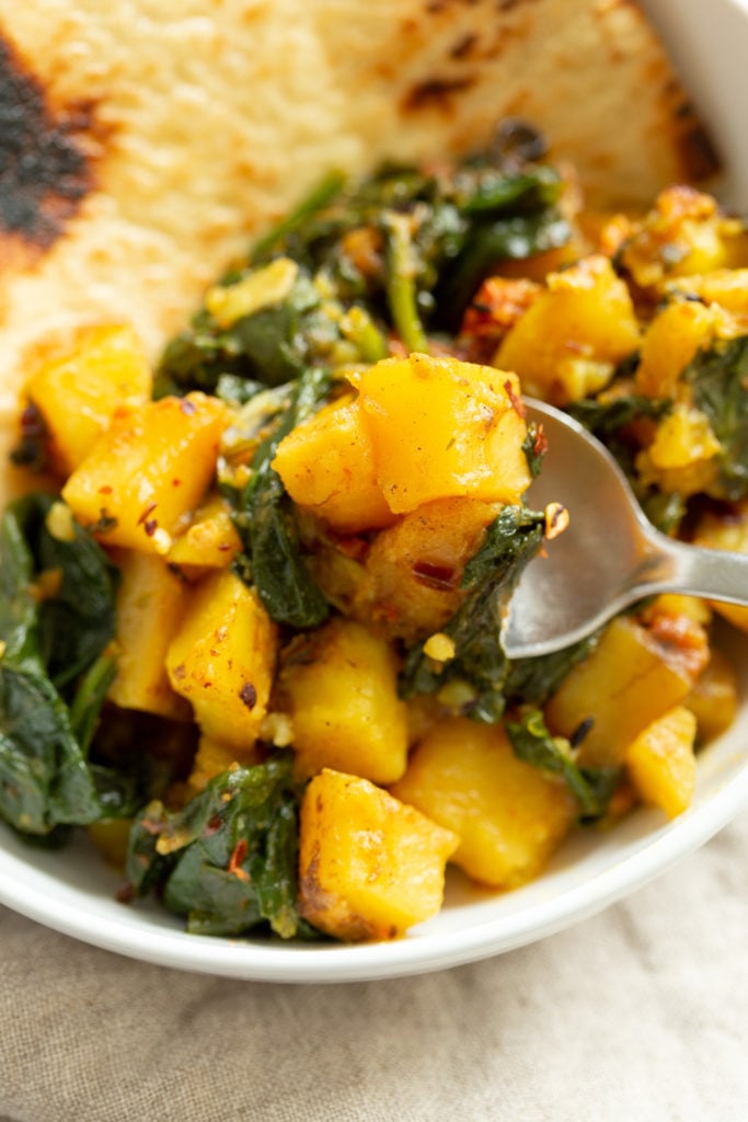Garlic Potato Spinach Stir fry - Lasooni Aloo Palak - Vegan Richa