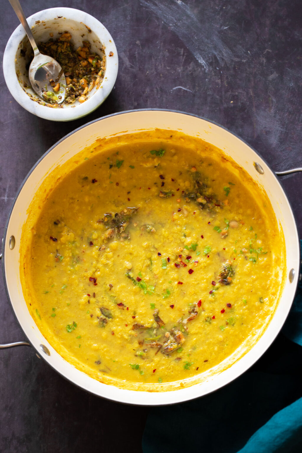 Thecha Dal (Lentil Dal with Blistered Green Chili Garlic Chutney)