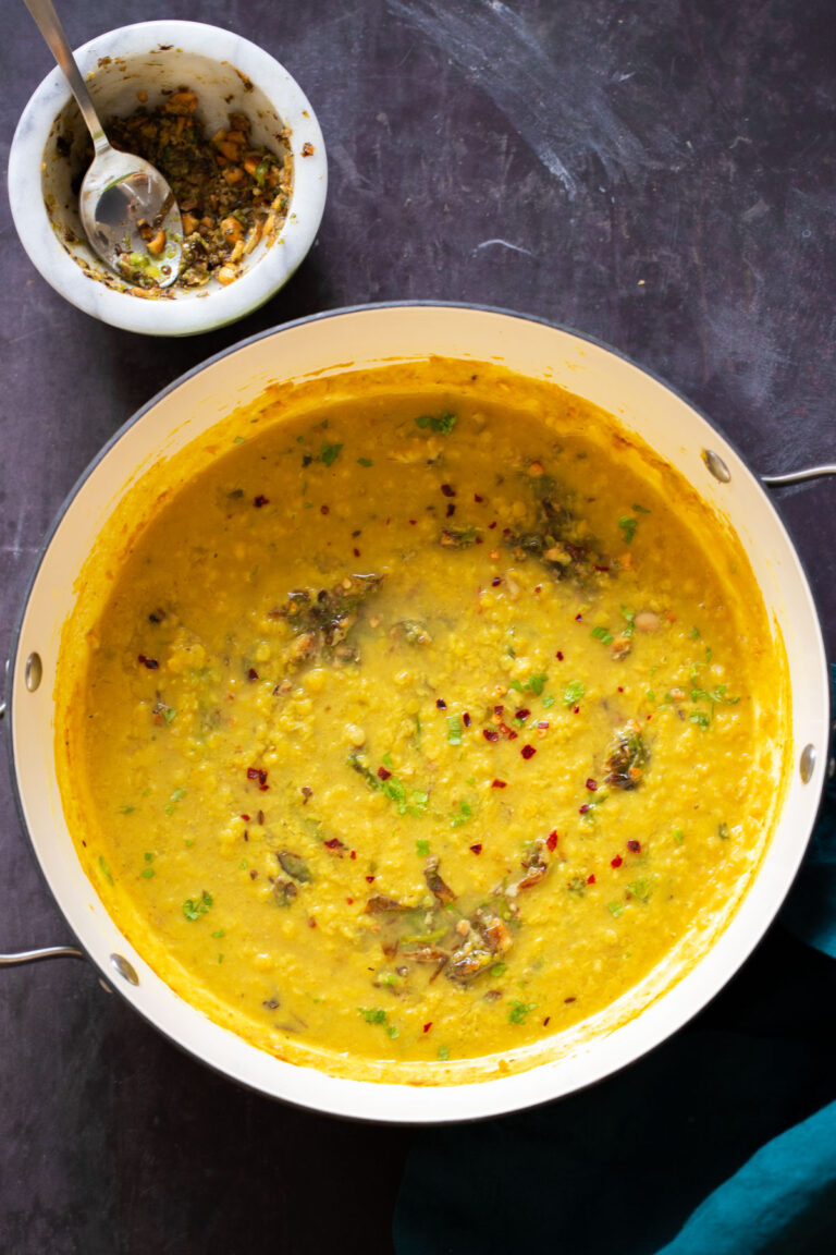 Thecha Dal (Lentil Dal with Blistered Green Chili Garlic Chutney)