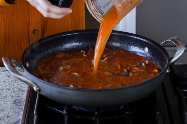Balchao Mushrooms with Crispy White Beans (Indian Chili garlic curry)
