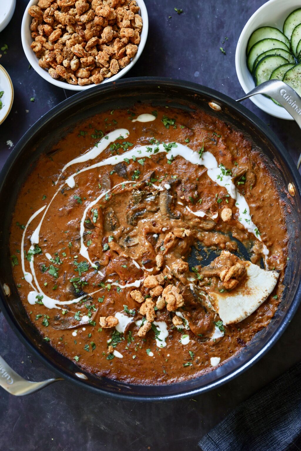 Balchao Mushrooms with Crispy White Beans (Indian Chili garlic curry)