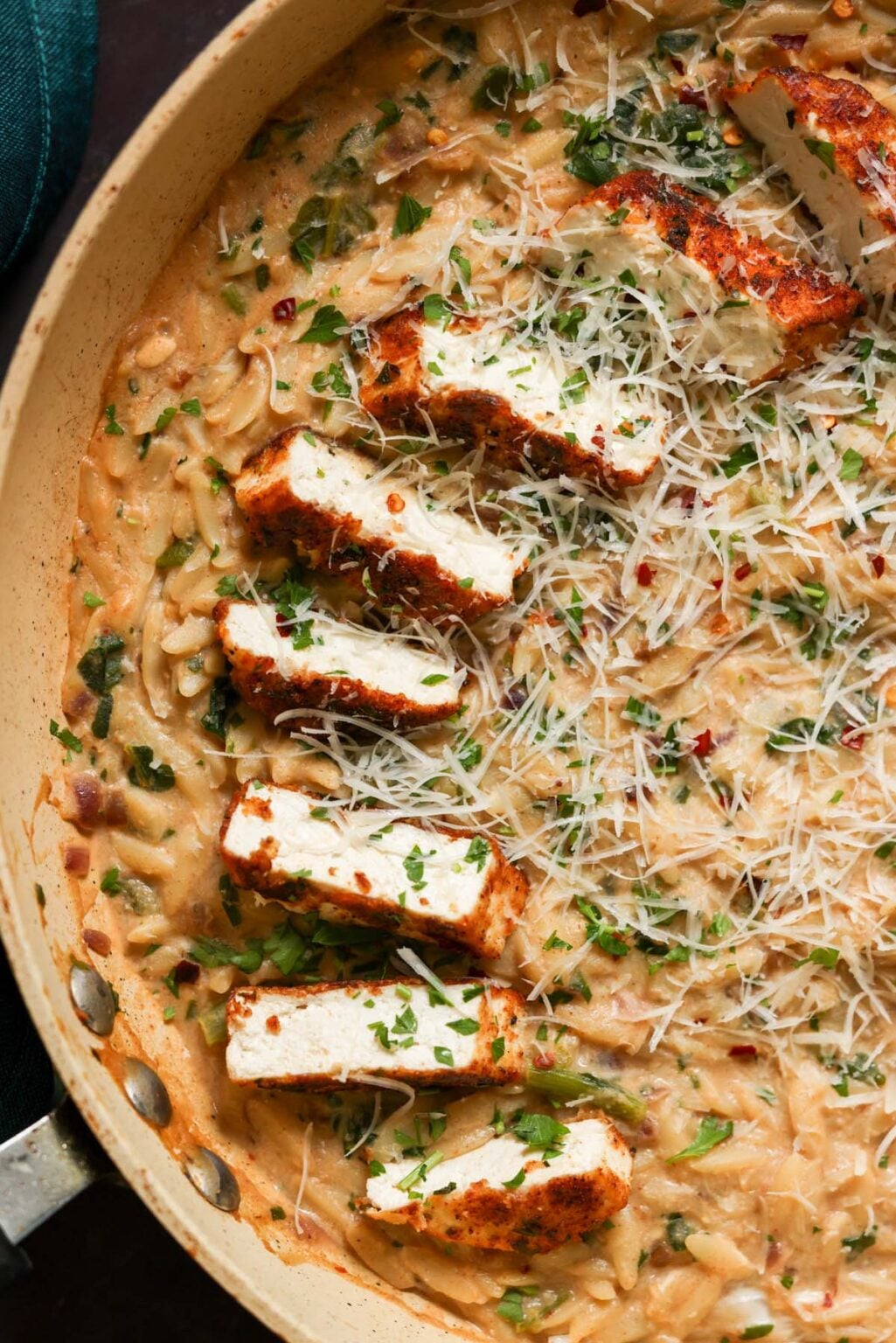 Garlic Parmesan Orzo with Pan Seared Paprika Tofu
