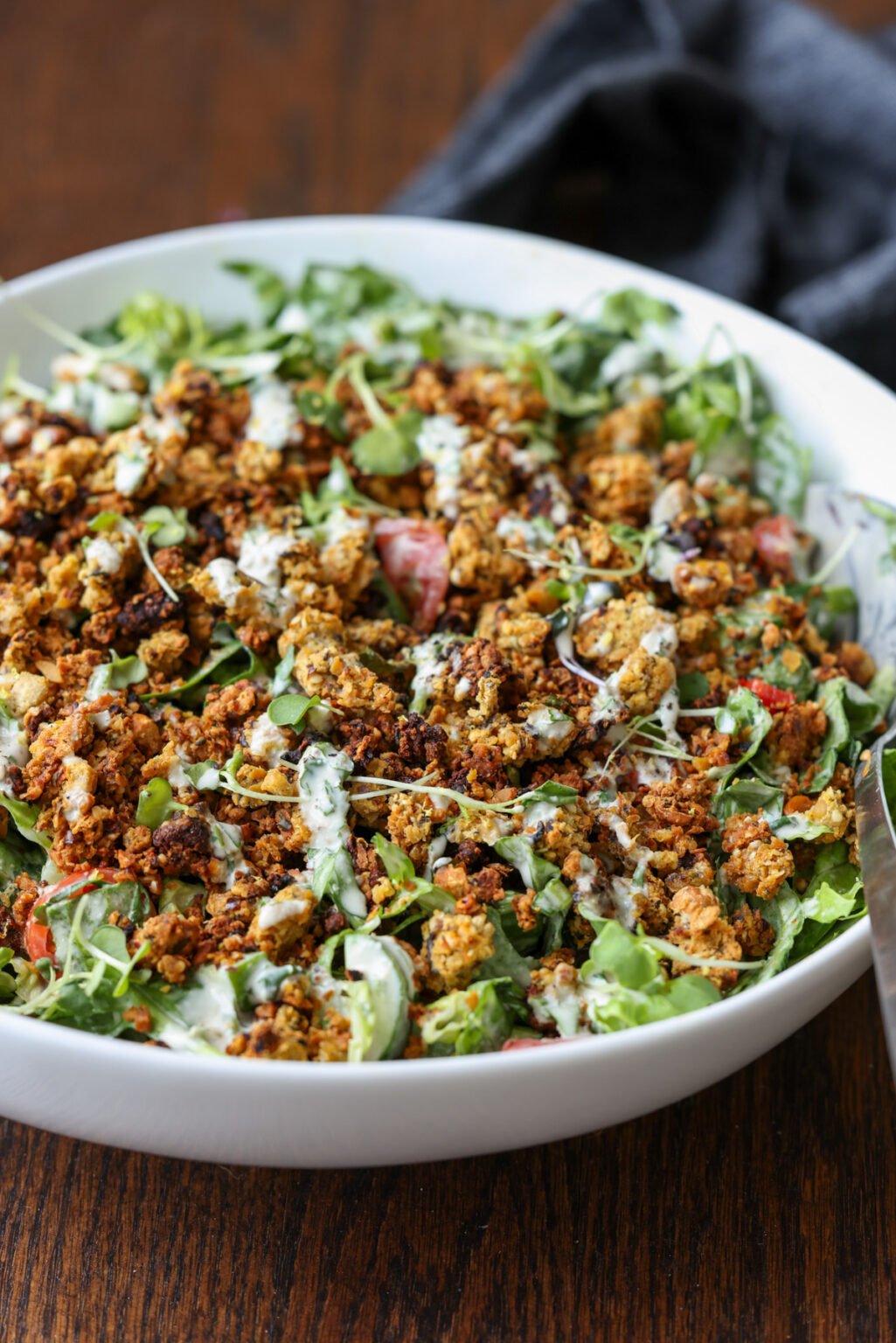 Summer Spinach Salad with Chickpea Olive Crumble (high protein)