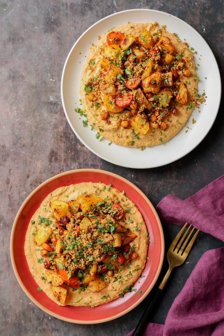 Harrissa Roasted Vegetables with Bean Puree and Walnut Crumble